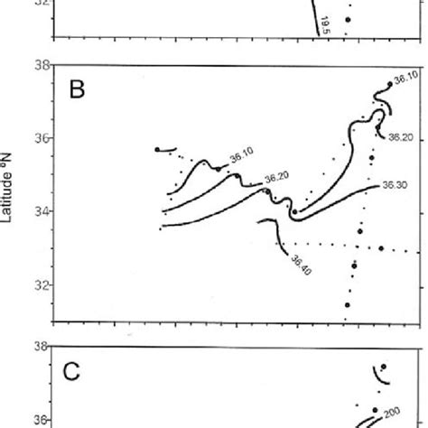 A Surface Temperature °c B Salinity Psu And C Depth M Of
