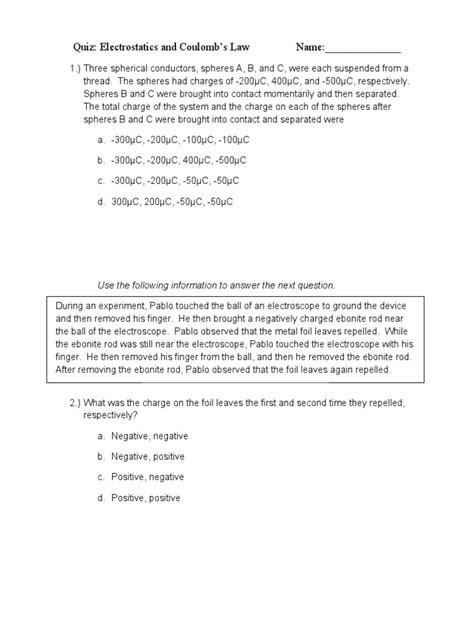 Quiz Electrostatics And Coulombs Law Pdf Force Electrical