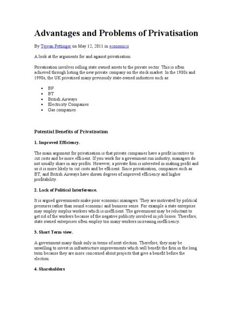 Advantages And Problems Of Privatisation Pdf Privatization Monopoly