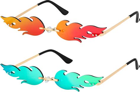 2 Pairs Fire Flame Sunglasses Rimless Wave Sun Glasses Fire Shaped