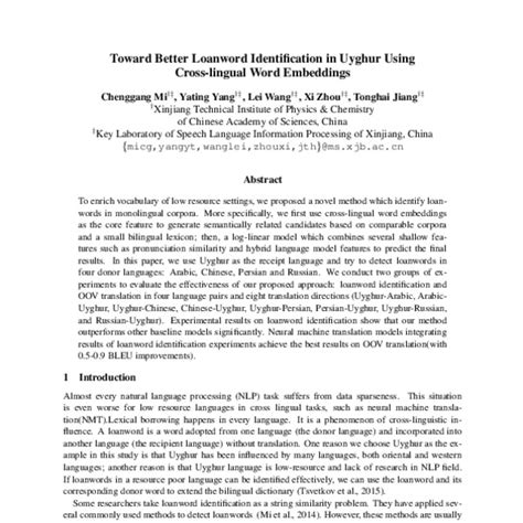 Toward Better Loanword Identification In Uyghur Using Cross Lingual Word Embeddings Acl Anthology