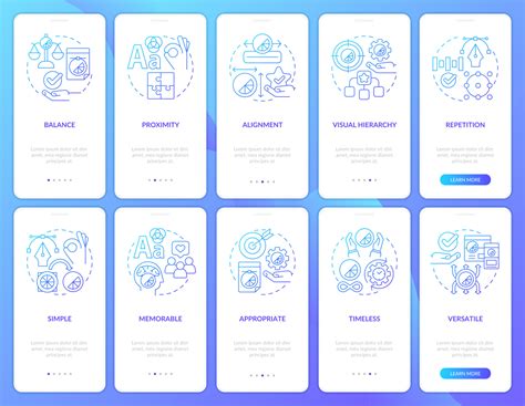 Design Principles Blue Gradient Onboarding Mobile App Screen Set Content Walkthrough 5 Steps