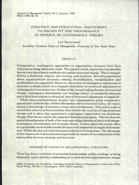 1987 Strategy And Structural Adjustment To Regain Fit And Performance In Defence Donaldson