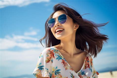 Premium Ai Image A Young Asian Woman In Sunglasses Enjoying Summer