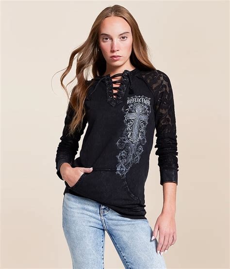 Affliction Jasmine Lace Up Hoodie Womens Sweatshirts In Black