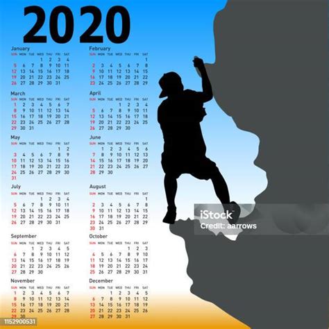 2020에 대 한 푸른 하늘에 대 한 실루엣 바위 산악인 세련 된 달력 10월에 대한 스톡 벡터 아트 및 기타 이미지 10월