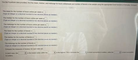 Solved Facebook Data 2 Using The Appropriate Excel Funcion