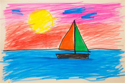 Drawing Of Sailboat In The Ocean At Sunset Generative Ai Stock Image
