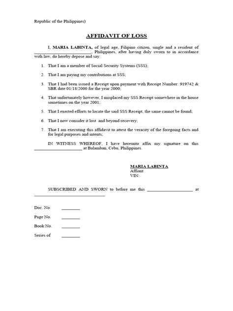 Affidavit Of Loss Sss Receipt Sample Pdf Affidavit