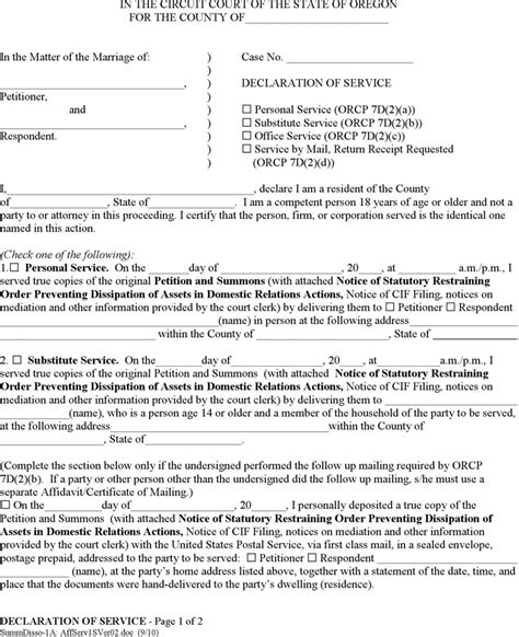 Free Oregon Declaration Of Service Form Pdf 22kb 2 Page S