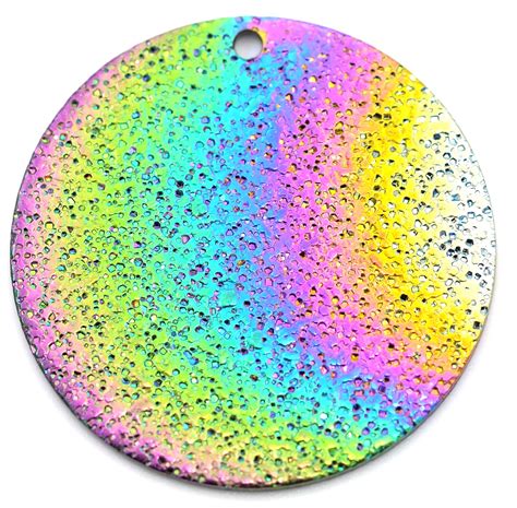 1pc 25mm Stainless Steel Textured Flat Round Pendant Rainbow Iris