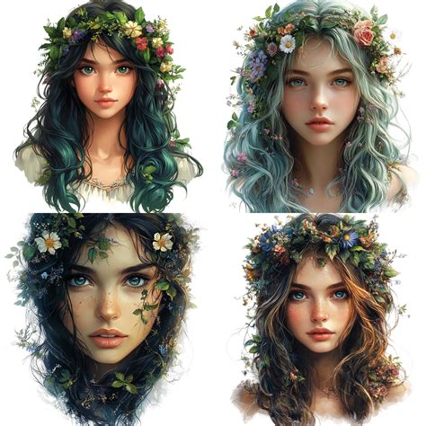 36 Forest Nymph Portrait Png Clipart Bundle Watercolor Fantasy