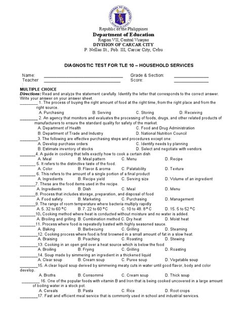 Diagnostic Test For Tle 10 Pdf Soup Cooking
