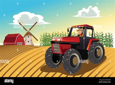 Una Ilustración Vectorial De Un Agricultor Montando Un Tractor