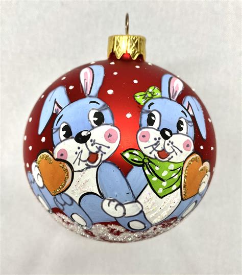 Прикраса скляна на ялинку куля Два зайчика D80 мм D80c 30 • Краща ціна в Києві Україні