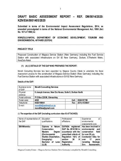 Fillable Online 2020 Basic Assessment Report For Mageza Service Station
