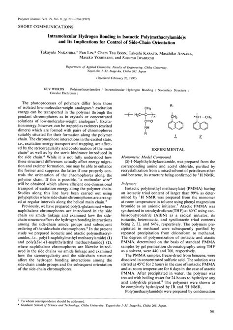 Pdf Intramolecular Hydrogen Bonding In Isotactic Polymethacrylamides And Its Implications