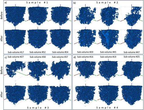 connected pore space of randomly selected sub volumes extracted from