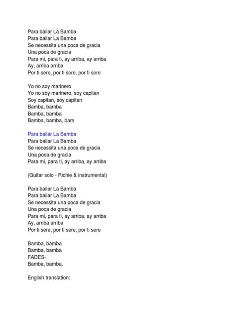 La Bamba Piano Chordslyrics Zzounds Worksheets Library