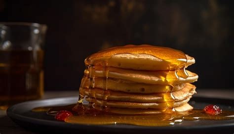 Pilha caseira de panquecas calda e frutas geradas por ia Foto Grátis