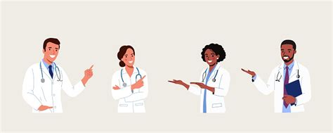 의사들은 좋은 거래를 지적하고 조언이 이 복사 공간을 사용합니다 벡터 플랫 스타일 만화 일러스트 벡터 플랫 스타일 만화 일러스트 레이 션 광고에 대한 스톡 벡터 아트 및