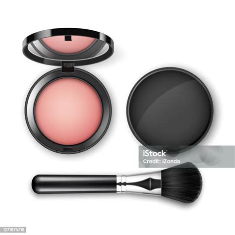 흰색 배경에 격리 된 메이크업 브러시 어플리케이터와 거울 상단 보기와 검은 둥근 플라스틱 케이스의 벡터 블러셔 0명에 대한 스톡