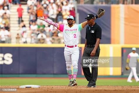 Xander Bogaerts Of The San Diego Padres Puts His Hands Up During The