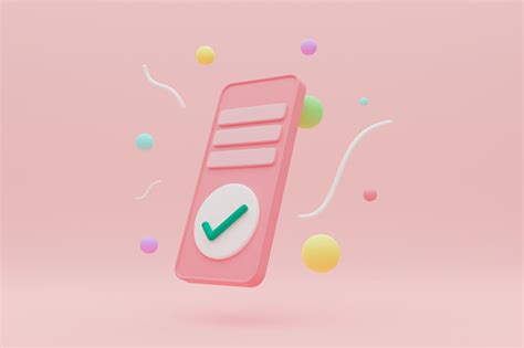 분홍색 파스텔 배경의 스마트 폰 화면에서 올바른 체크 표시 및 알림 최소 3d 렌더링 소셜 네트워크 및 기술 개념 3차원 형태에