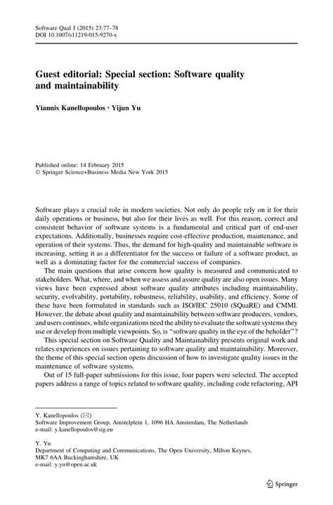 Pdf Guest Editorial Special Section Software Quality And Maintainability