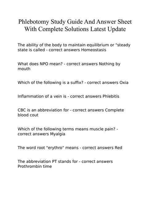 Phlebotomy Study Guide And Answer Sheet With Complete Solutions Latest