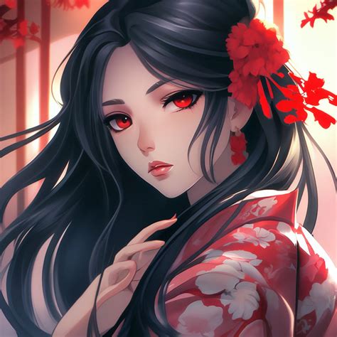 Anime Style A Beautiful Girl With Long Silky Black Hair And Red Eyes