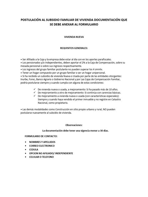 Postulación Al Subsidio Familiar De Vivienda Documentación Que Se Debe Anexar Al Formulario