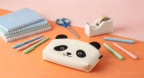 Cute Panda Pencil Case Surrounded By School And Office Supplies On A