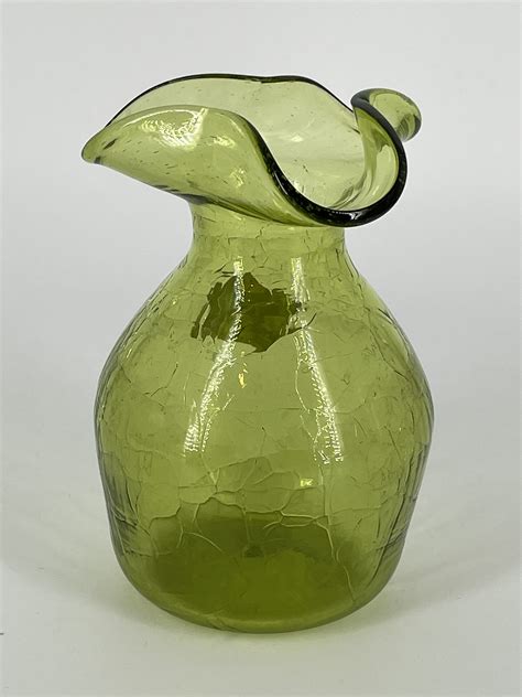 Mid Century Hand Blown Green Glass Vase Etsy