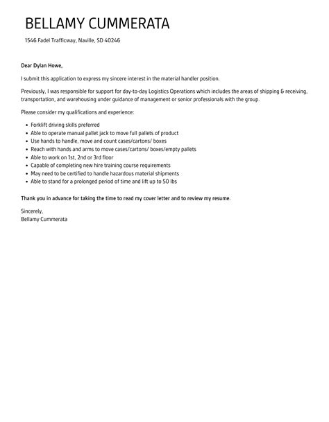 Material Handler Cover Letter Velvet Jobs