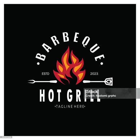 Smoke And Bbq Barbecue 빈티지 핫 그릴 교차 불꽃과 주걱 레스토랑 배지 카페 및 Barvector 로고 고기에