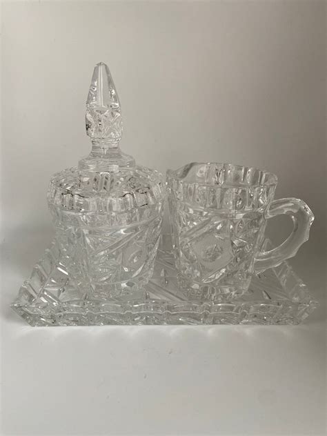Vintage Cut Crystal Creamer And Sugar Bowl With Lid And Tray Set Etsy