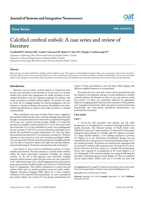 Pdf Calcified Cerebral Emboli A Case Series And Review Of The Literature