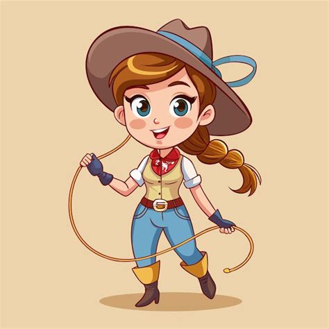 Sweet Cowgirl Girl Holding A Lasso Cartoon Vector Premium Ai