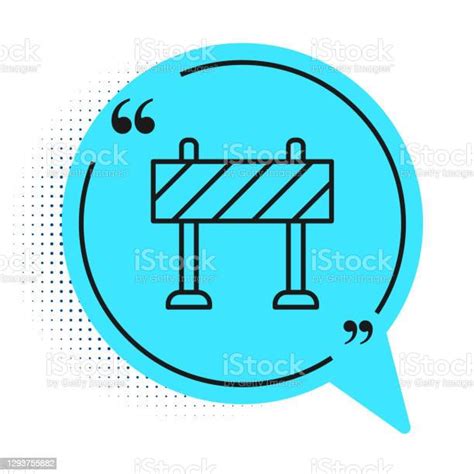 흰색 배경에 격리 된 검은 줄 도로 장벽 아이콘 건설 중인 제한된 영역의 기호입니다 수리 작업 파란색 음성 버블 기호입니다 벡터
