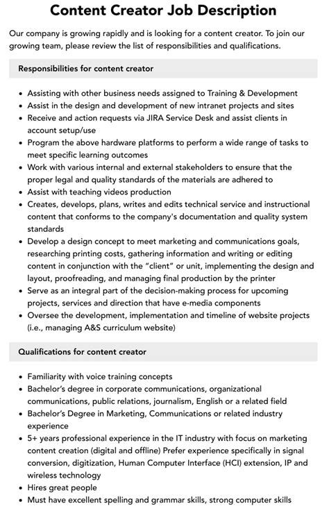 Content Creator Job Description Velvet Jobs