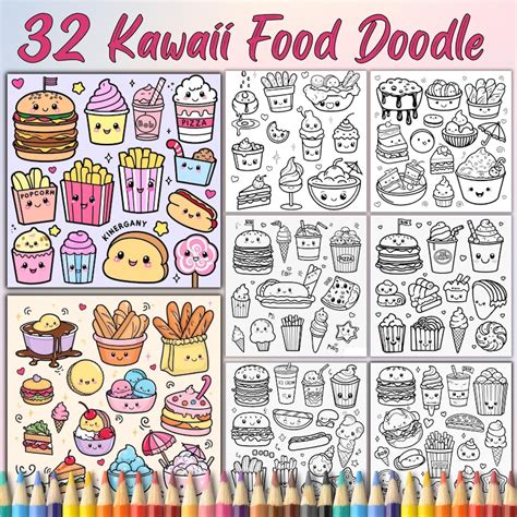 32 Kawaii Food Doodle Coloring Pages Fun Dessert Art Instant Download