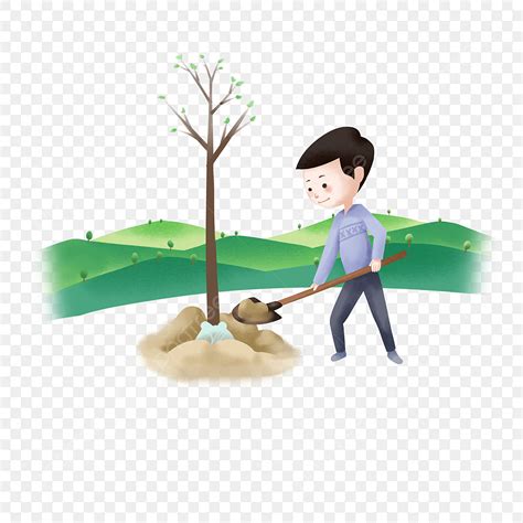 卡通插畫 手繪插畫 種樹 栽樹 樹苗 培土的男孩 卡通插畫素材圖案，psd和png圖片免費下載