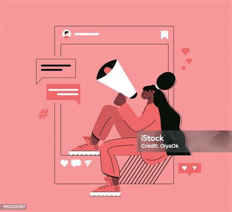 비즈니스 프로모션 광고 소셜 미디어 마케팅 개념 소셜 프로필 프레임의 인플루언서 여성 소녀 소리 소리 메가폰 공유 추천 사업
