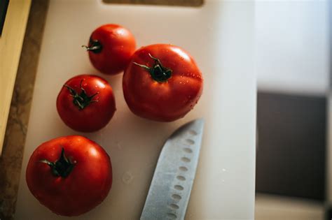 플라스틱 도마와 요리사 칼 근처의 부엌정원에서 갓 수확한 토마토 0명에 대한 스톡 사진 및 기타 이미지 0명 가정 생활