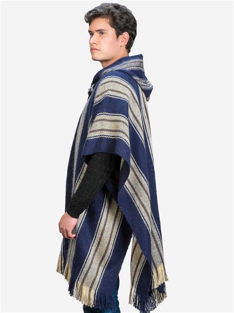 Inti Alpaca Mens Cape Poncho In Navy Blue And Beige Wool Alpaca