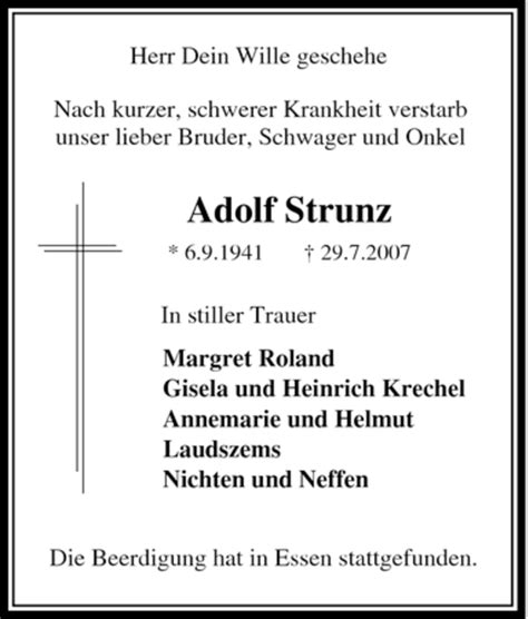 Traueranzeigen Von Adolf Strunz Trauer In Nrwde