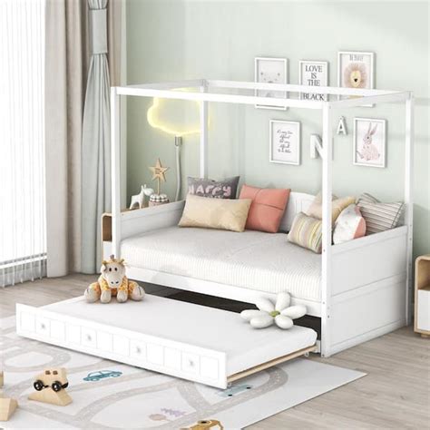 Harper And Bright Designs White Wood Frame Twin Size Canopy Bed Daybed With Trundle Qmy210aak