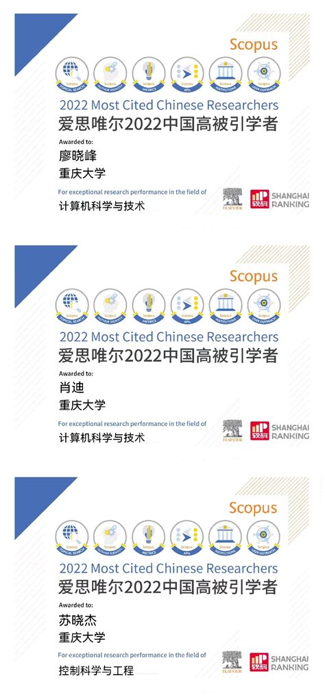 实验室廖晓峰、肖迪、苏晓杰三位教授入选2022爱思唯尔“中国高被引学者”榜单 信息物理社会可信服务计算教育部重点实验室重庆大学cps实验室