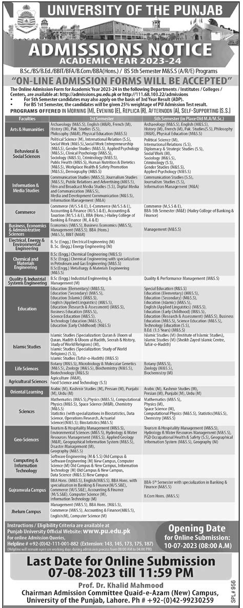 University Of Punjab Admissions Lahore 2023
